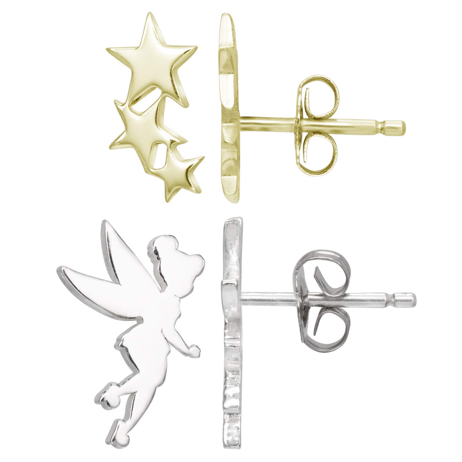 Disney Tinkerbell Earrings, 2 Pairs Stud Earring Set, Sterling Silver Fairy and Stars, Official Licensed Jewelry for Women