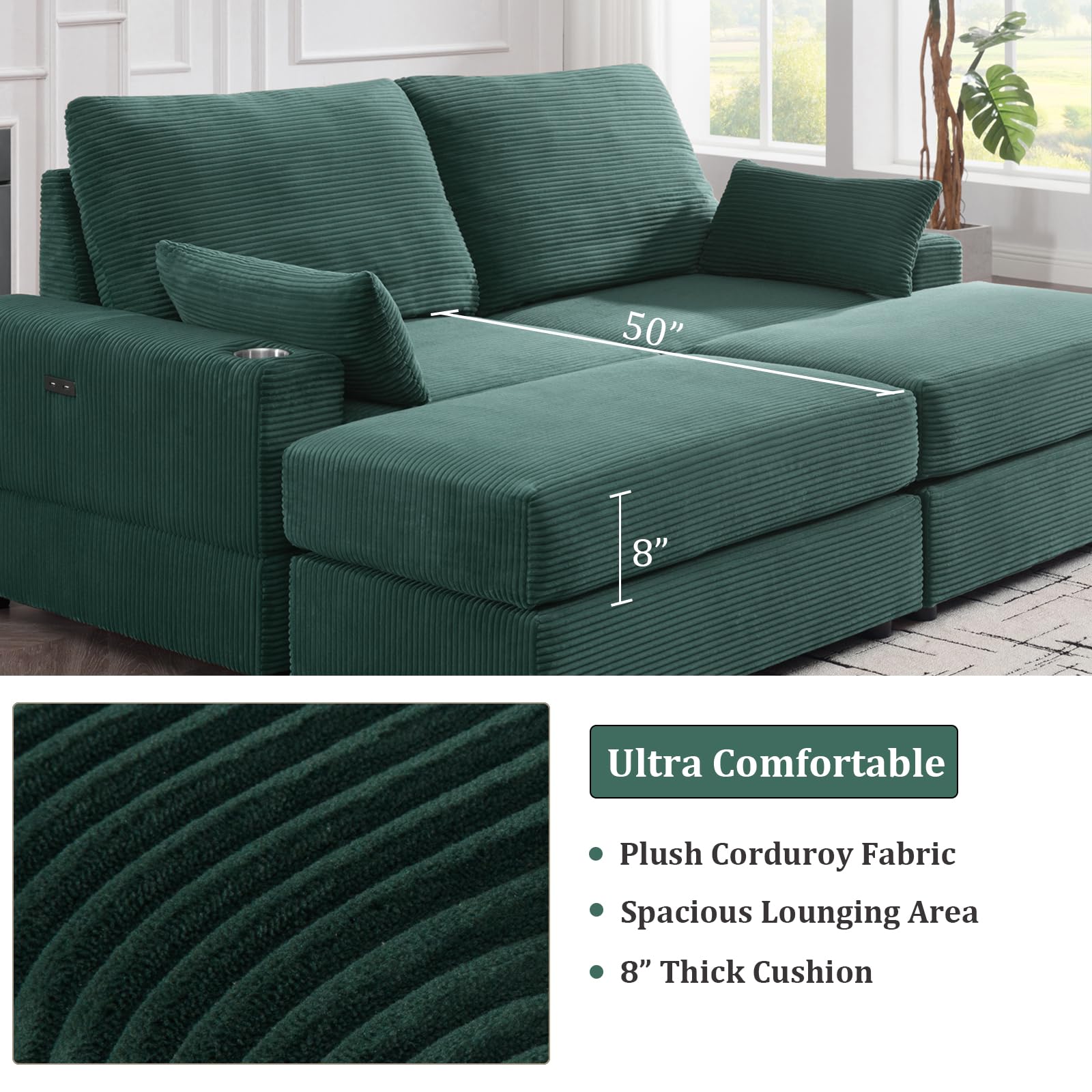 KIVENJAJA 82.7” Corduroy Sectional Couch, Double Chaise Lounge Sofa, Deep Seat Oversized Loveseat with Ottomans, Cup Holder & USB Port for Living Room Apartment Small Space, Green