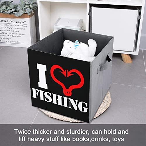 I Love Fishing Hook Foldable Storage Bins Printd Fabric Cube Baskets Boxes with Handles for Clothes Toys, 11x11x11