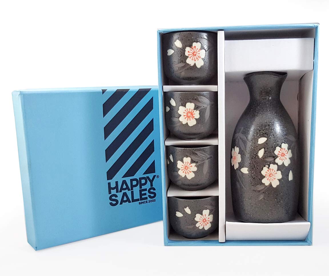 Happy Sales HSSS-WPB20, Black Porcelain Sake set Pink Blossom Design