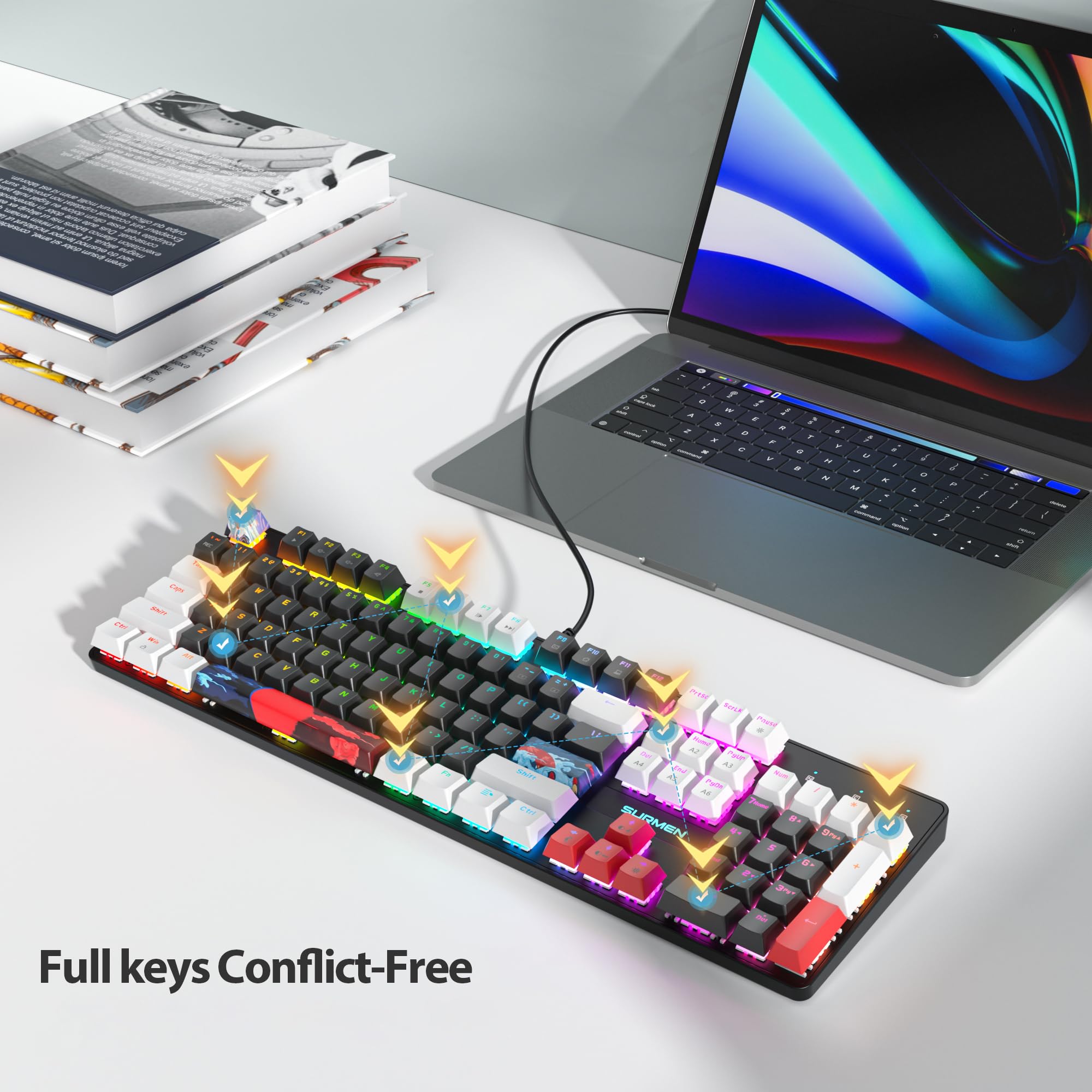 Fogruaden 60% Mechanical Keyboard, 61 Keys Gaming Keyboard with PBT Keycaps and 3 Extra Dye-Sub keycaps, Rainbow Backlit, Wired NKRO for PC/Mac Gamer