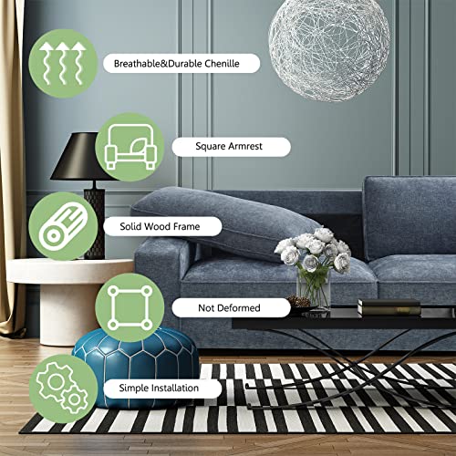 LEISLAND 88.58" Modern Sofas Couches for Living Room, Chenille Deep Seat Sofas & couches with Square Armrest, Removable Low-Back Sofa Cushion and Detachable Sofa Cover/Easy to Install(Blue)