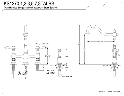 Kingston Brass KS1271TALBS Tudor 8 Inch Center Kitchen Faucet With Brass Sprayer, Polished Chrome, 8-3/4 inch in Spout Reach, Polished Chrome