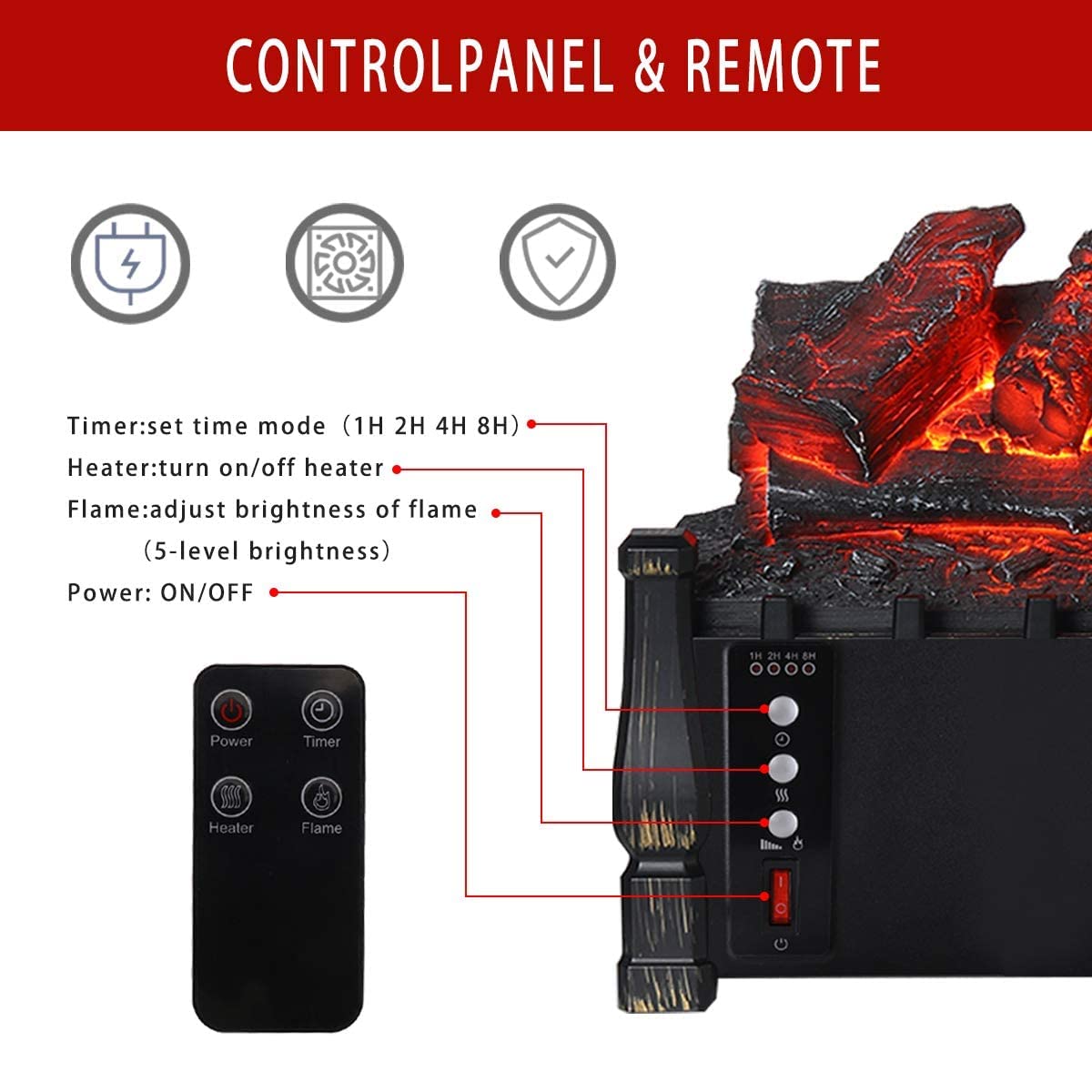 Electric Fireplace Logs 21in Inserted Heater with Remote Realistic Dancing Flame Effect Adjustable Brightness Overheating Protection Christmas Home Decoration 11