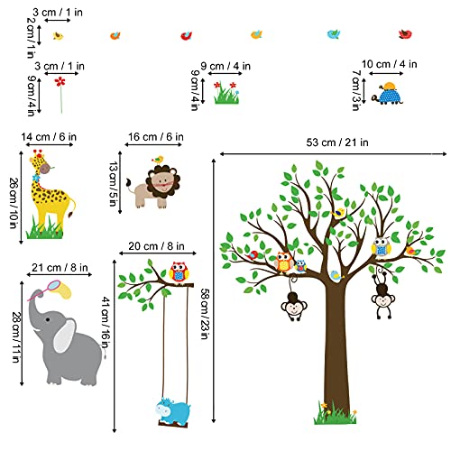 decalmile Jungle Animal Tree Wall Decals Lion Elephant Monkeys Wall Stickers Baby Nursery Kids Bedroom Playroom Wall Decor
