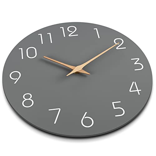 Mosewa Wall Clock 14 Inch Wall Clocks Battery Operated Silent Non-Ticking, Simple Modern Wood Clock Decorative for Bedroom, Living Room, Kitchen, Home Office (Gray)