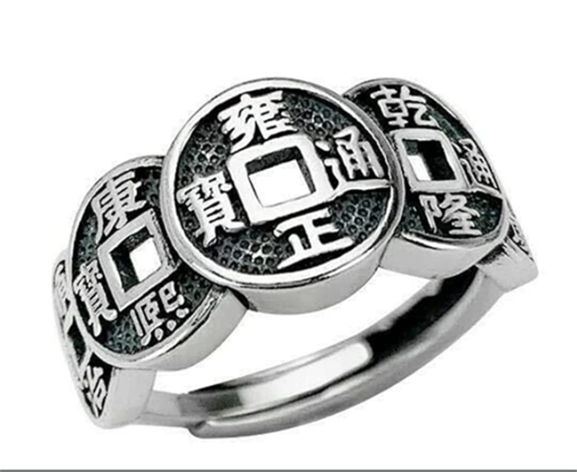 Five Emperor Coin Auspicious Ring,Retro Lucky Index Finger Ring Silver, Vintage Handmade Open Adjustable Ring Lucky Coin,Unisex Attract Wealth Money and Good Luck Ring (Silver)