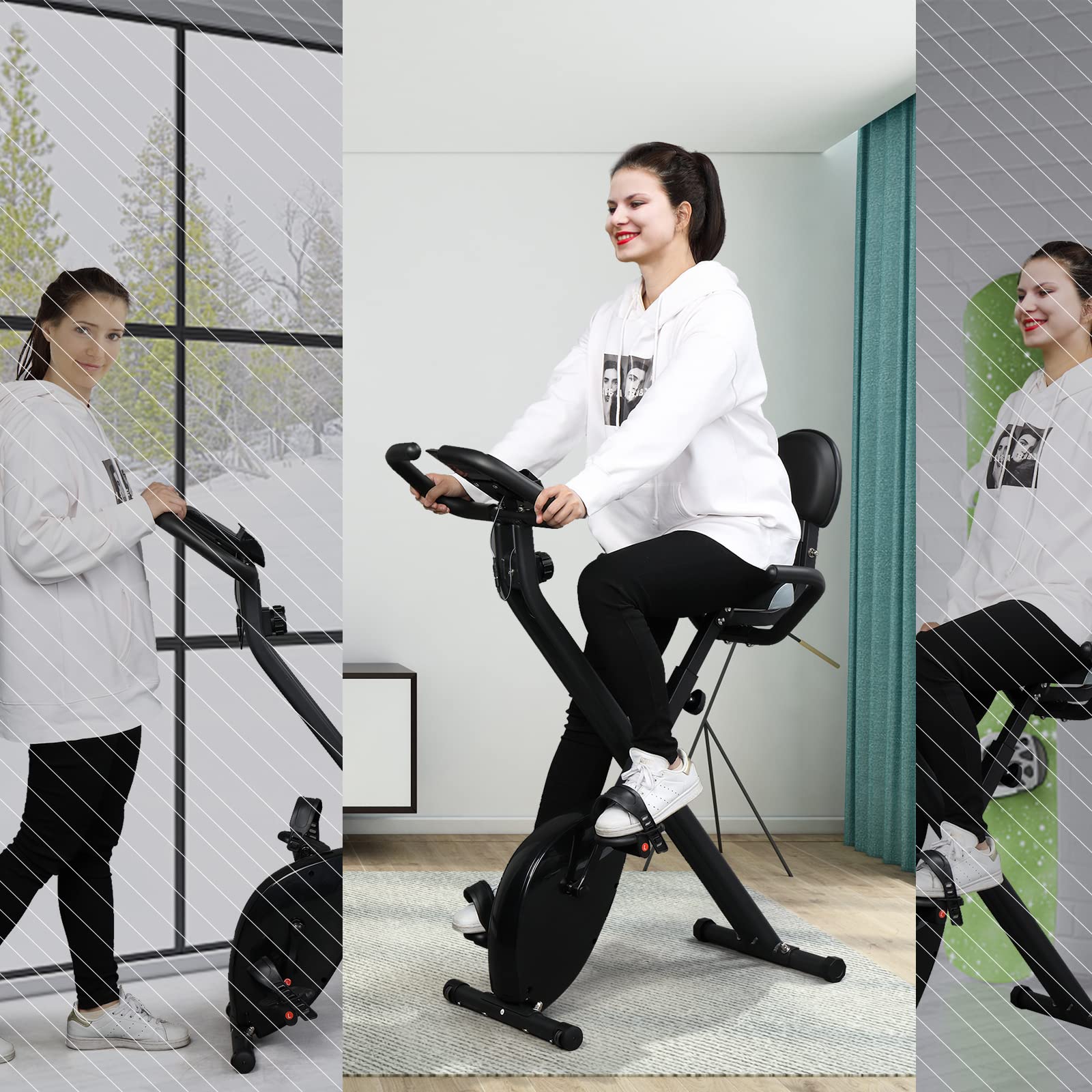 Foldable Exercise Bike Stationary Bikes Cycling Workout Machine for Fitness & Cardio Exercise for Home Indoor Cycle w/LCD Display, 8 Level Resistance, Adjustable Height & Comfortable Handle, BLACK