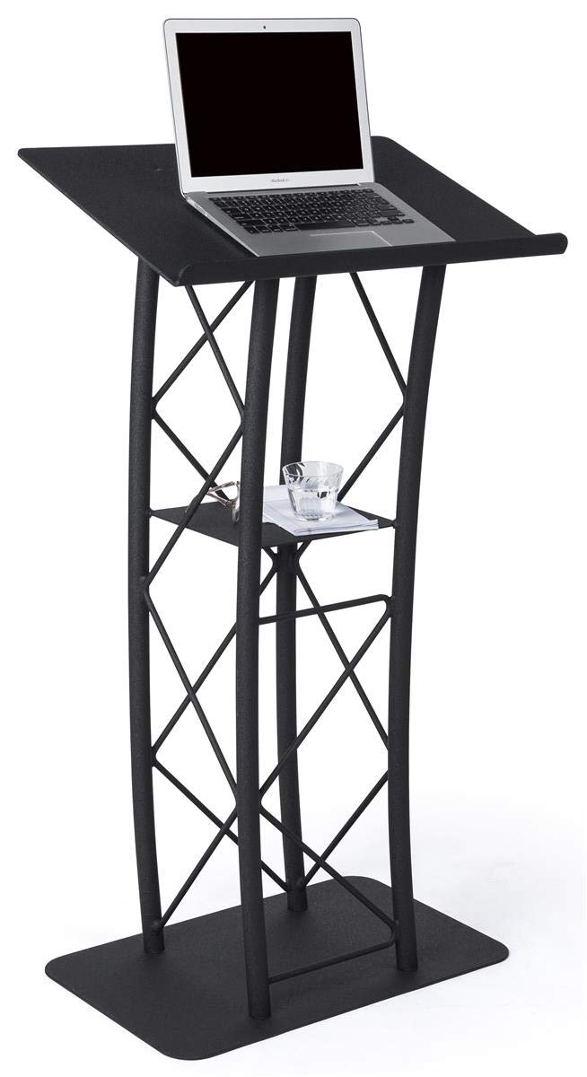 Displays2go Black Aluminum and Steel Truss Lectern with Curved Design and Built-in Shelf, 47-Inch Tall, Textured Finish (LCTTACBK)