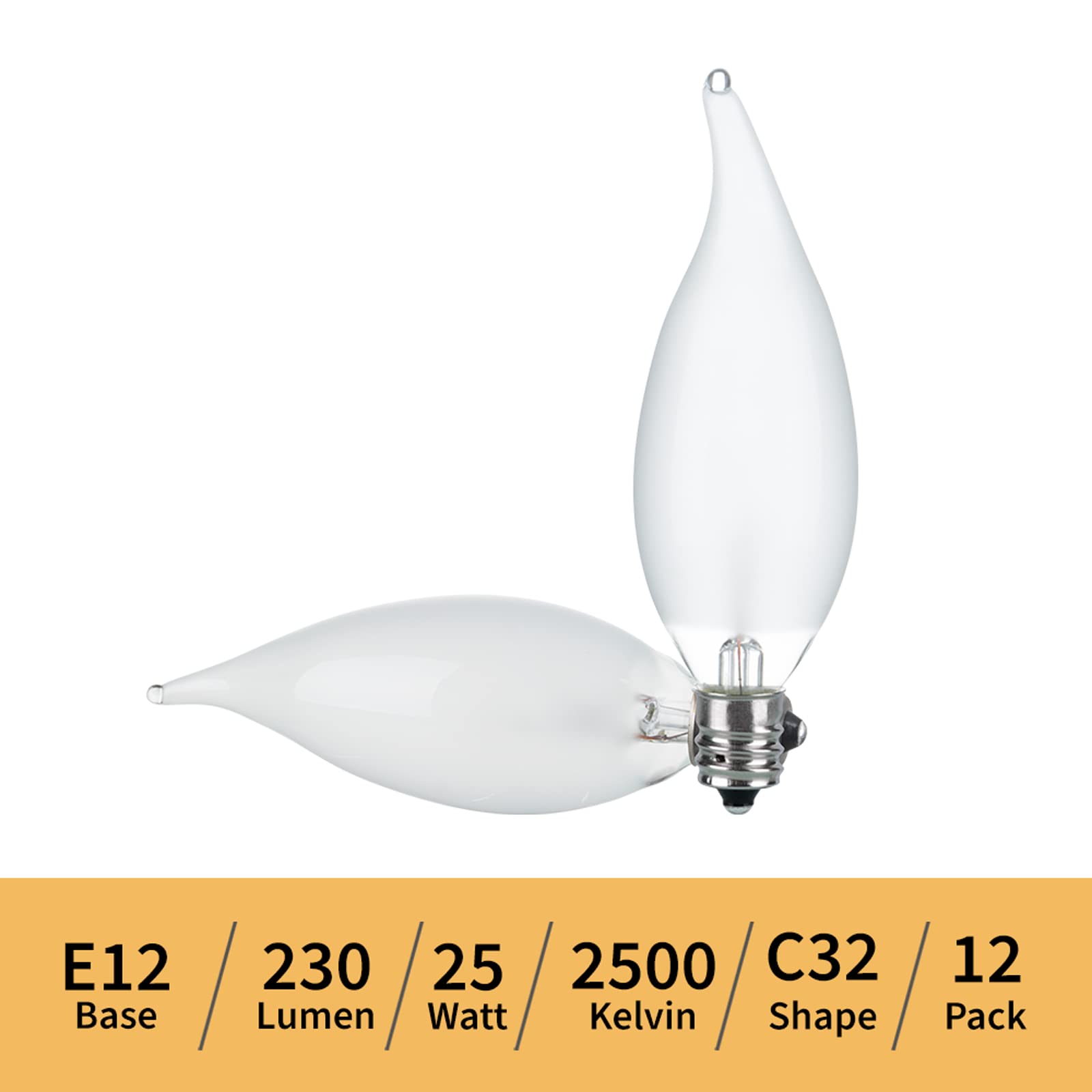 DGE 25 Watt Warm White Ceiling Fan Light Bulbs C32 Chandelier Light Bulbs Bright and Long Lasting 230 Lumen Bent Tip Light Bulb with E12 Candelabra Base, 12 Packs