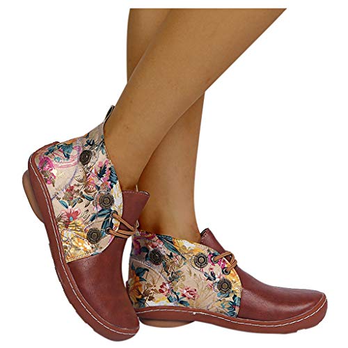 FASDNENDYS Retro Women Leather Flat Lace-Up Flower Print Short Booties Round Toe Shoes Womens Platform Boots Brown