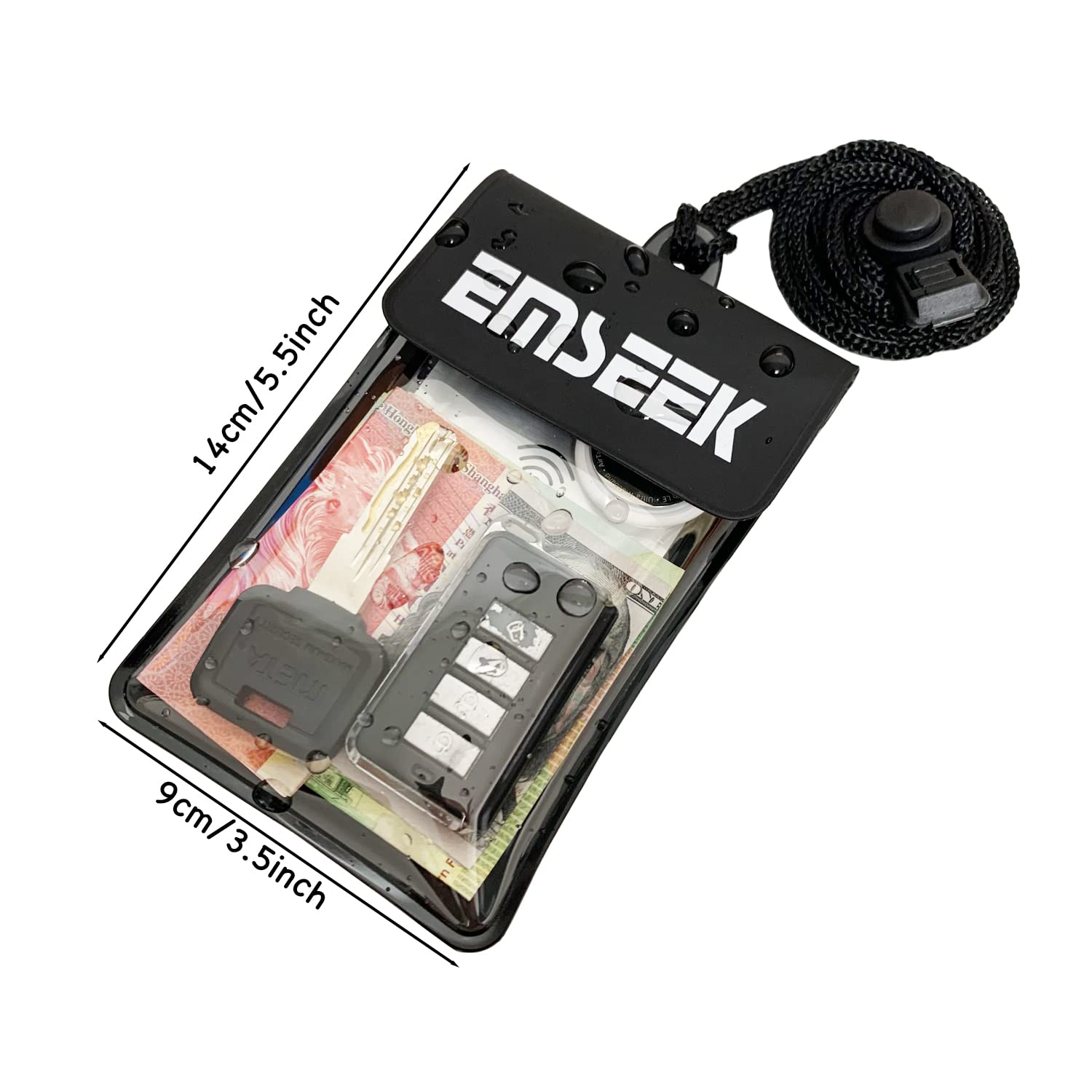 EMSEEK Waterproof Wallet Waterproof Car key Fob Holder Pouch Surf Dry case For Key Cash Cards ID Driver License (Black)