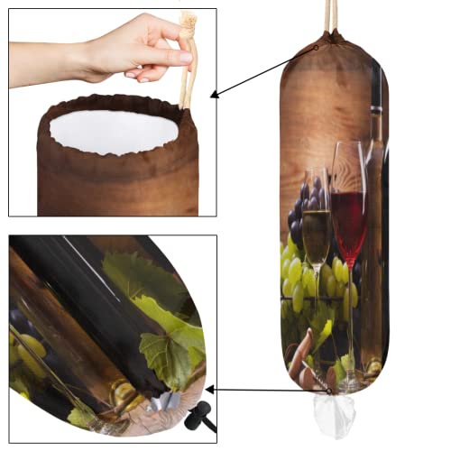 Red Wine Glasses Plastic Bag Holder Organizer Wall Mount,Grapes Large Grocery Bag Storage Dispenser Garbage Shopping Trash Bag Holder with Drawstring for Home Kitchen Pantry Decor 22×9 Inch