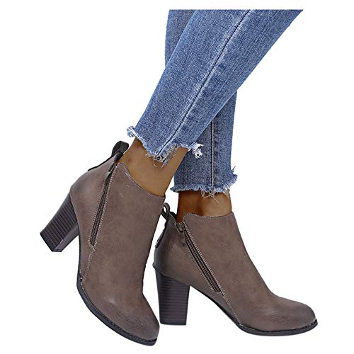 FASDNENDYS Retro Solid Leather Zipper Women Color Toe Round Booties Shoes Heel Short Women's Women Snow Boats
