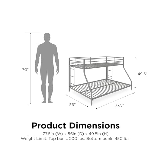 DHP Junior Small Space Bunk Bed for Kids, Twin/Full, Silver