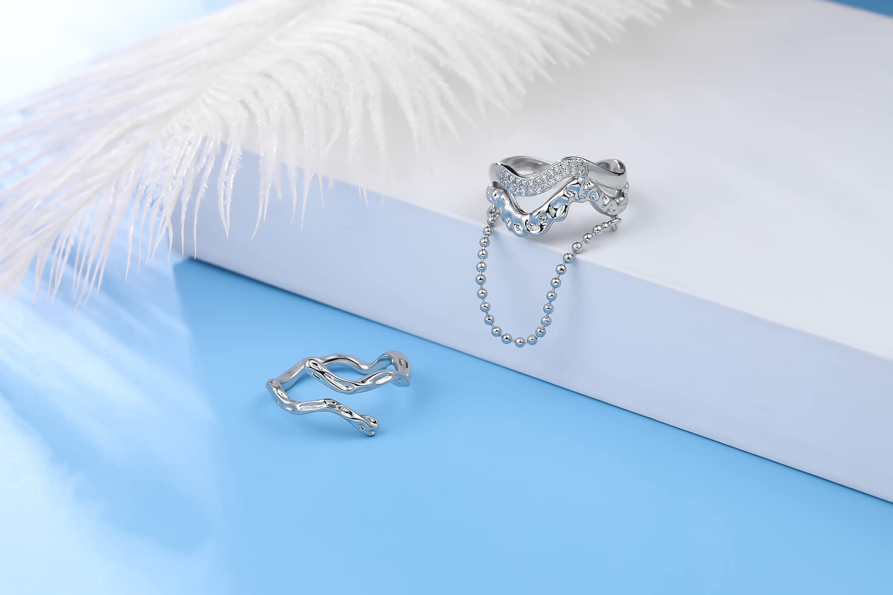 Gbinitail 3Pcs sterling silver plated adjustable minimalist trendy rings set for woman and girls, moonstone ring, moon shaped ring shooting stars ring, open ring size 5.5-7.5