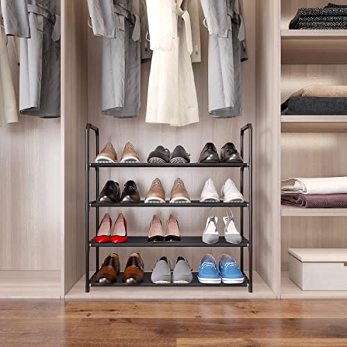 Hockmez Stackable Shoe Rack Organizer 4 Tiers, Expandable & Adjustable Non Woven Fabric Shoe Shelf Storage 12-16 Pairs for Closet Bedroom Entryway (Black)