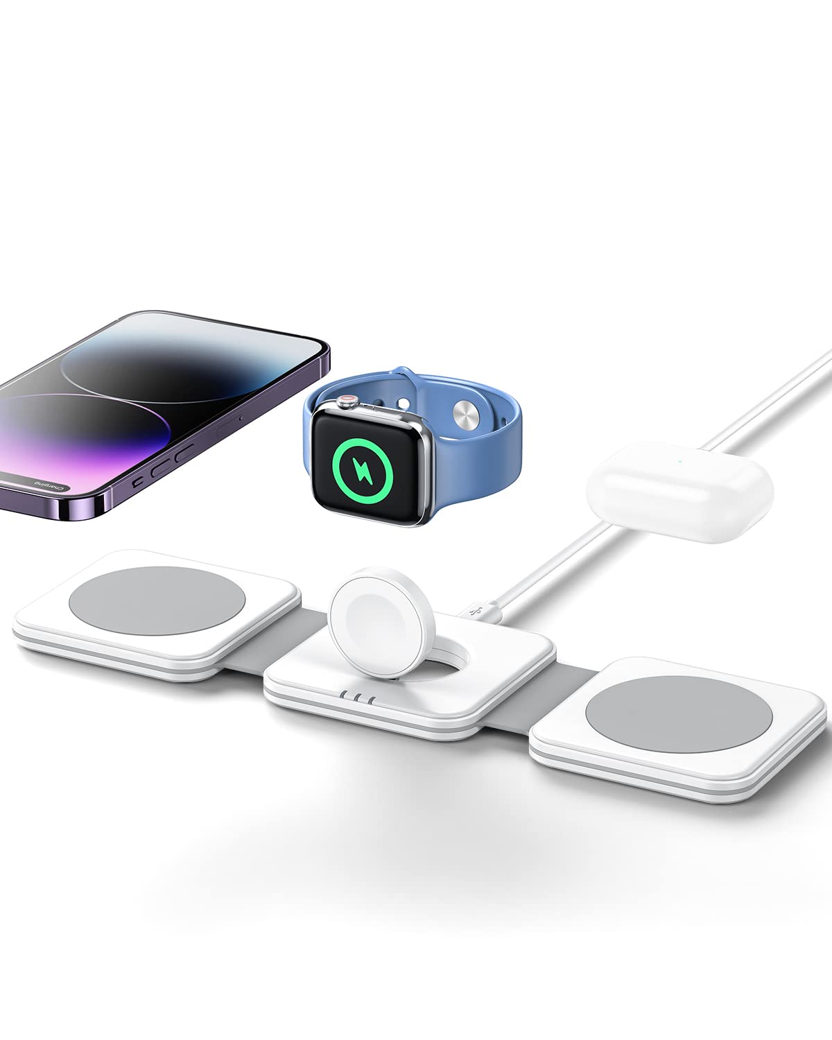 Intoval Foldable Wireless Charger, Magnetic 3 in 1 Charging Station, Fast Wireless Charging for Travel, for iPhone 15/Pro/Max/14/Pro/Max/Plus, Apple Watches, AirPods 3/Pro 2(M3,White)