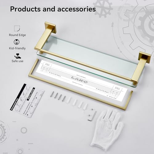 LANC Bathroom Shelves with Towel Bar 20 Inch Gold Floating Tempered Glass Shelf with Towel Rails for Shower Bath Kitchen Storage Rack Wall Mounted Rustproof Stainless Steel Brushed Gold,A7615BG