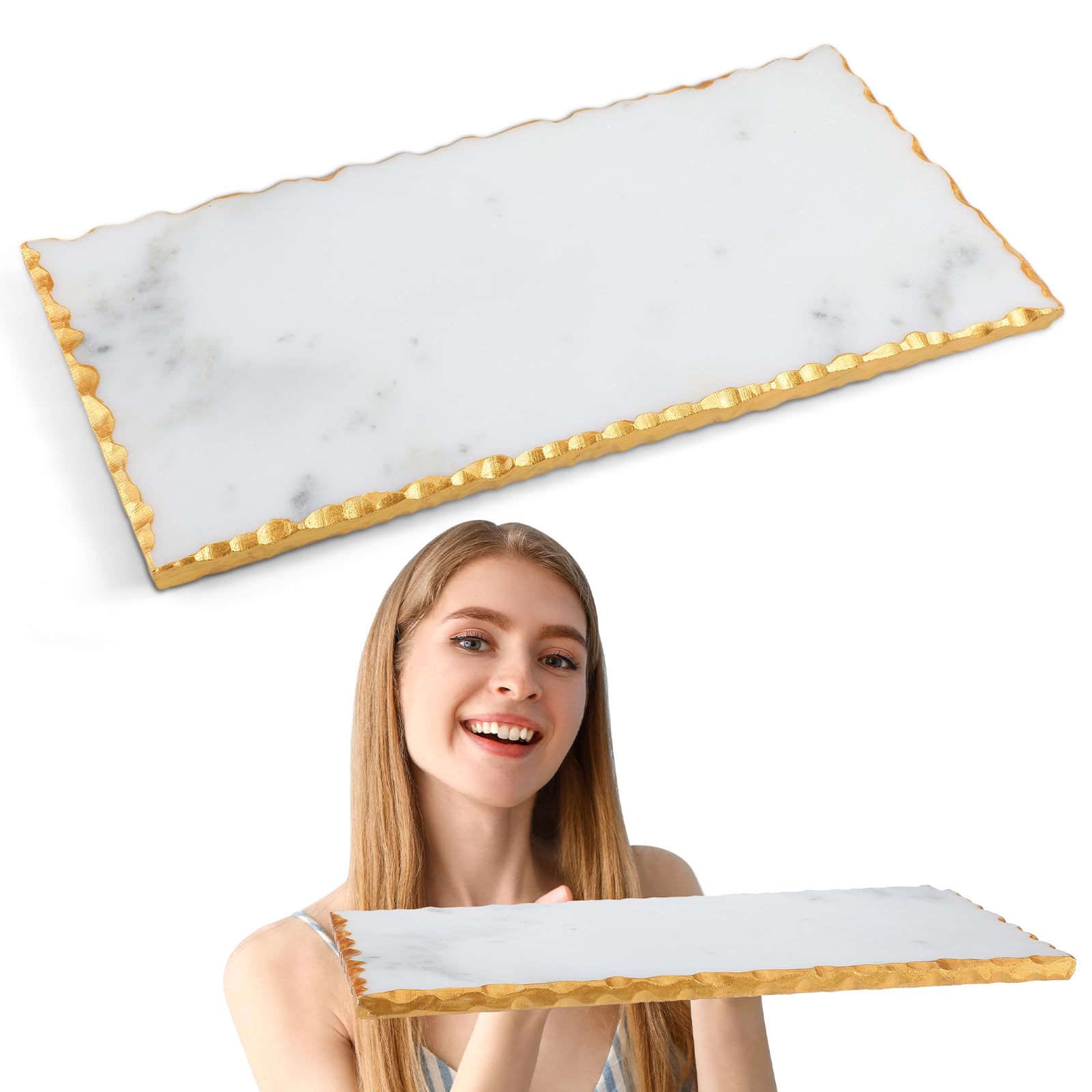 Newtay Marble Tray with Golden Foiling Natural Marble Board White Marble Slab Candle Plate Marble Tray for Kitchen Counter Cheese Charcuterie Wedding Gift House Warming Gift(9" X 6")