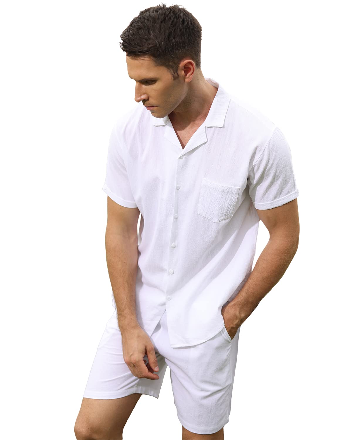 EndoraDore Men 2 Piece Linen Set Button Down Short Sleeve Shirt Summer Beach Shorts Holiday Top and Shorts Set White