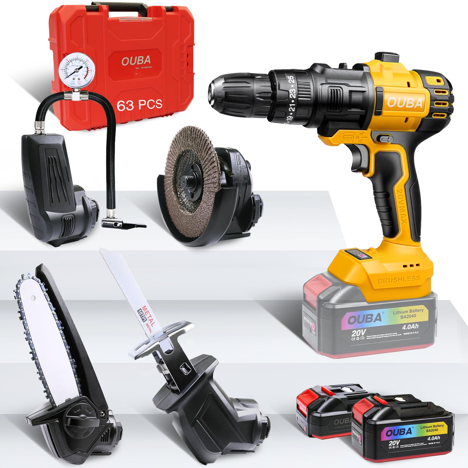 OUBA Power Tool Combo Kits, Drill, Mini Chainsaw, Reciprocating Saw, Angle Grinder, Inflatable Pump, 5-in-1 Cordless Power Tool Set, With 2 Batteries, 54 PCS Tool Accessories, Versatile Applicability