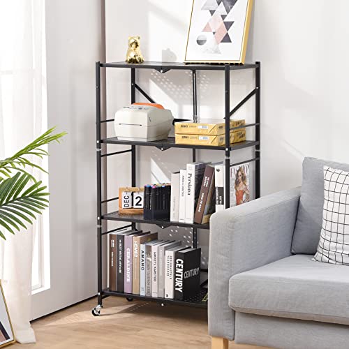 TOOLF 4-Shelf Foldable Storage Shelves with Wheels, Large Capacity Shelving Unit, Freestanding Metal Rack, 1 Piece, Black