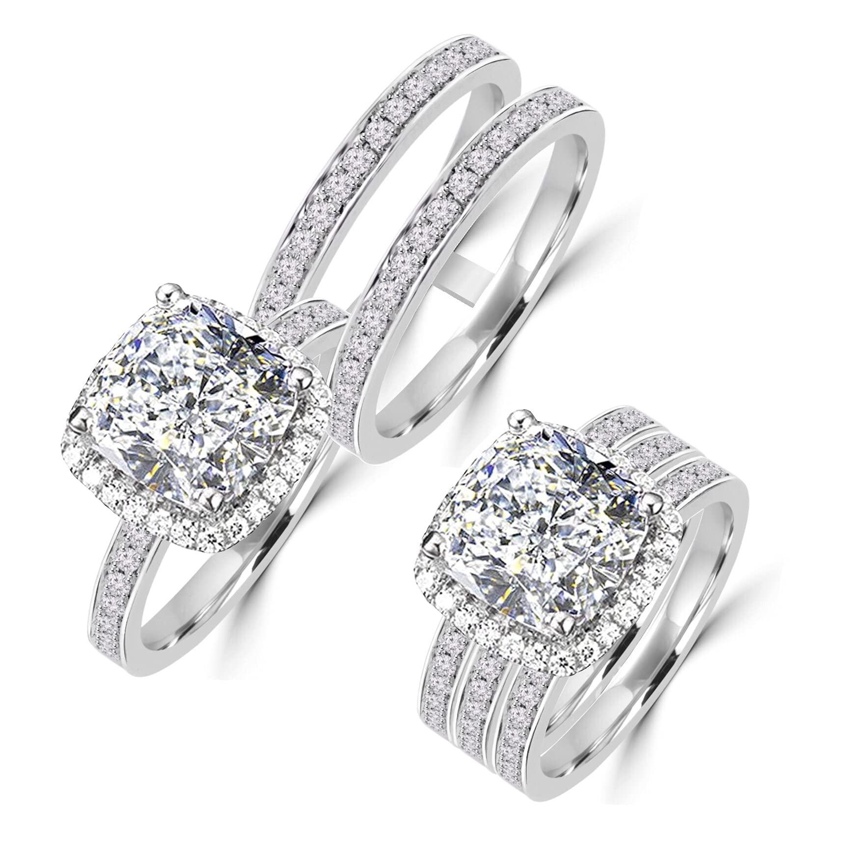 Diamonbella 101 Facets 2 Carat Princess Cushion Cut NSCD Simulated Diamond Ring Double Band Set 925 Silver Platinum Plated Halo (6.5)