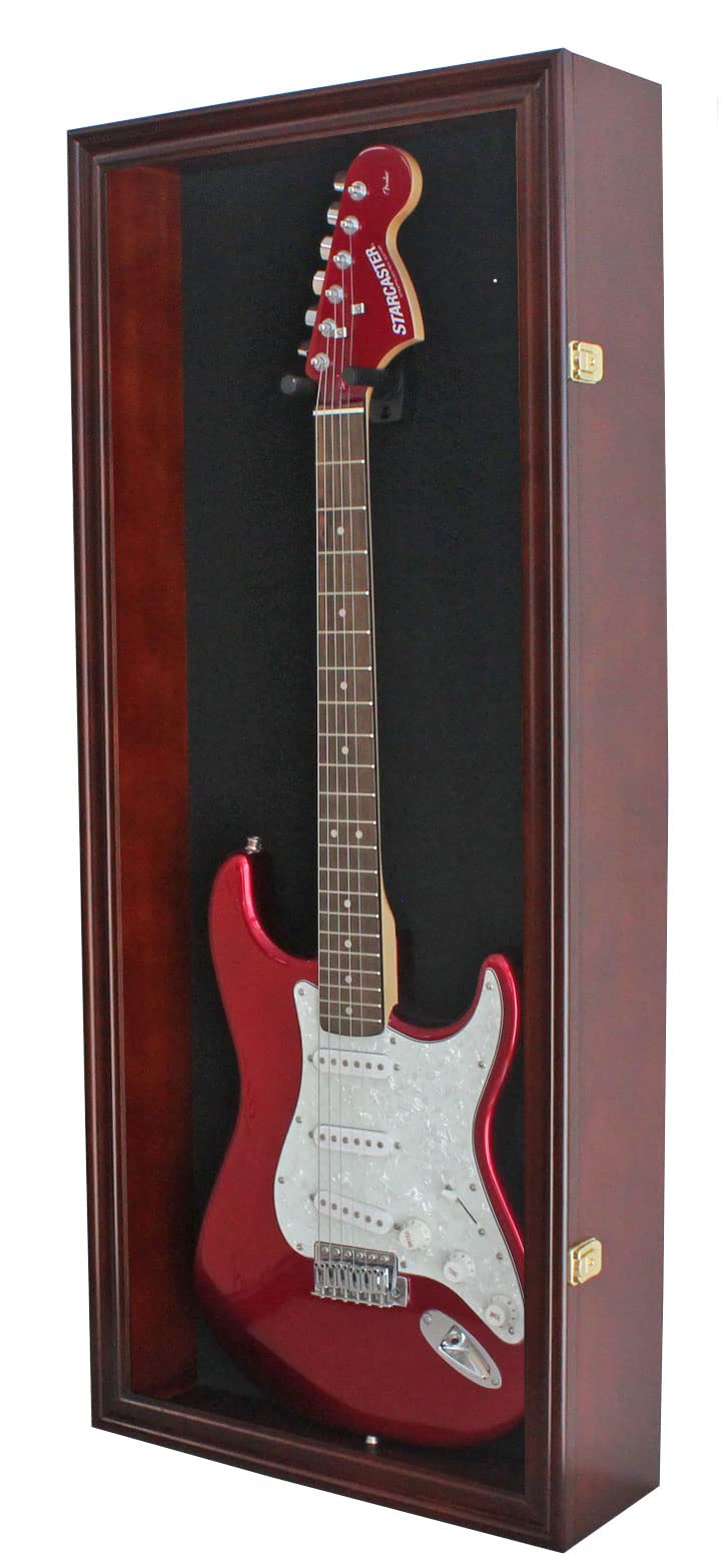 DisplayGifts 42" Electric Guitar Display Case Cabinet Hanger UV Protection Mahogany Finish