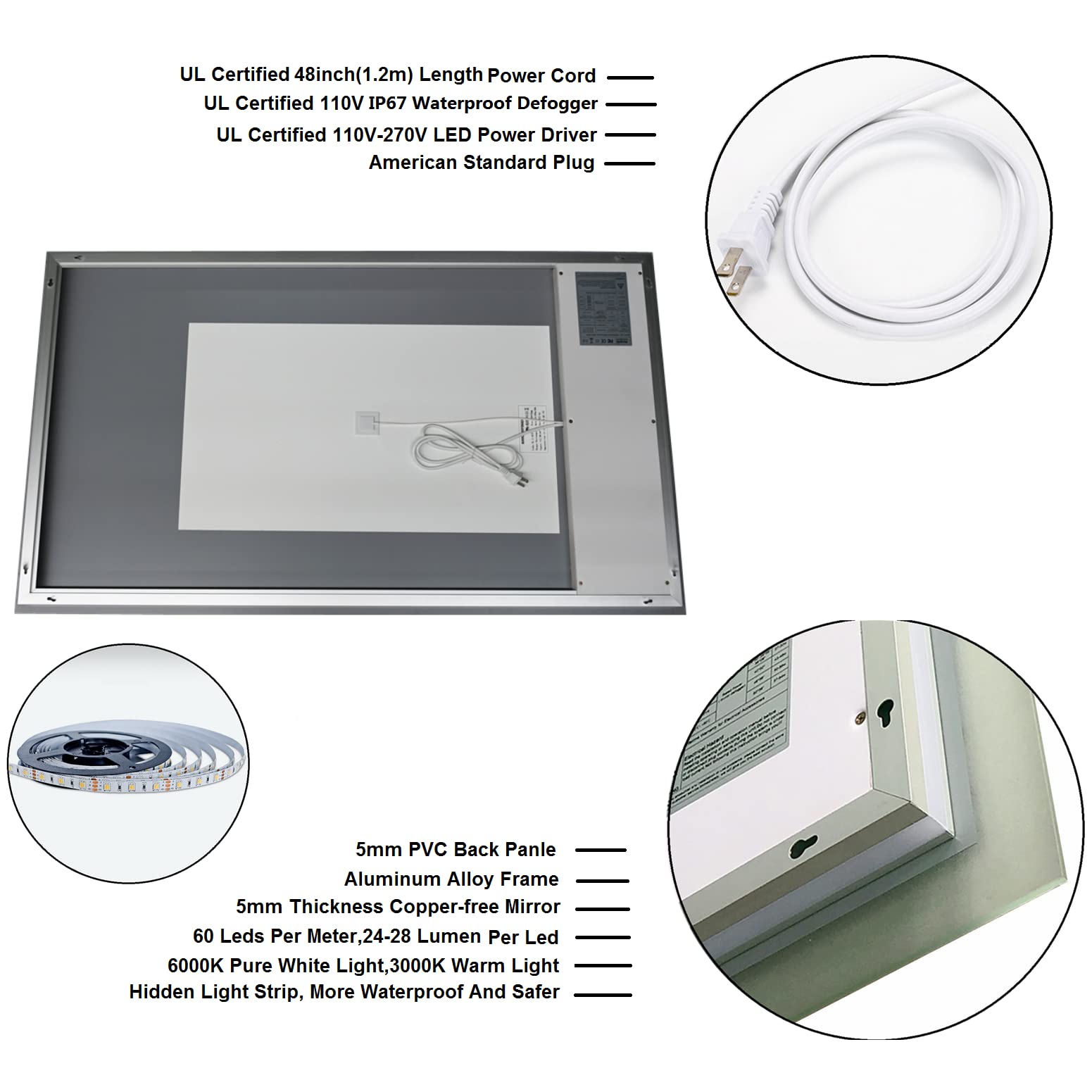 GESIPOR 60"x36" Bathroom LED Mirror with Wireless Speaker Wall Switch - Lighted Vanity Mirrors for Bathroom Wall Mounted Backlit, Dimmable Light 3000K/6000K Anti-Fog Makeup Smart Mirror (Horizontal)