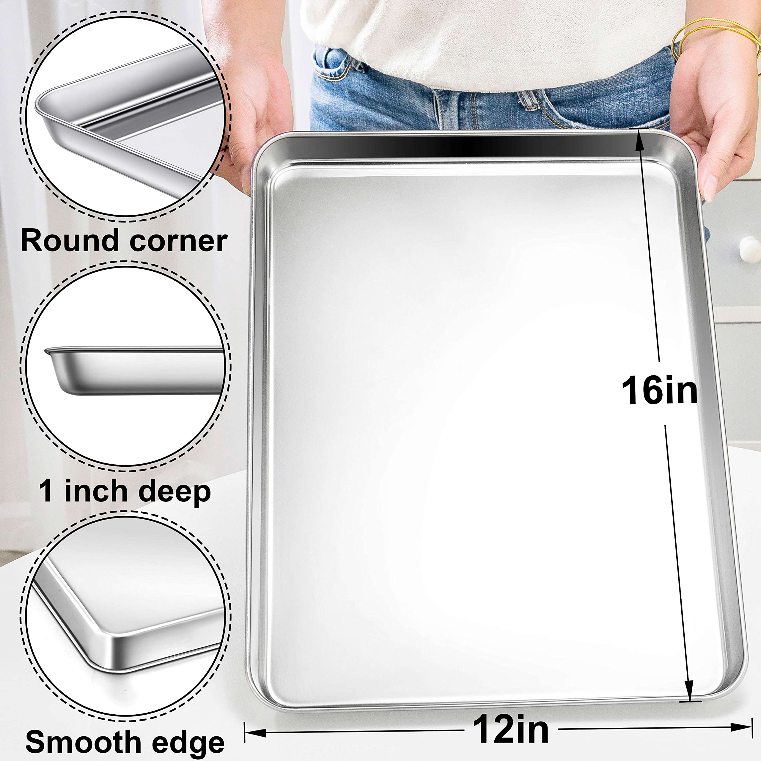 Homikit Baking Pan Cookie Sheet Set of 2, 16 x 12 Stainless Steel Rimmed Half Sheet, Metal Flat Cooking Tray Pans for Oven Baking Toasting, Rust free & Heavy Duty, Nonstick & Dishwasher Safe