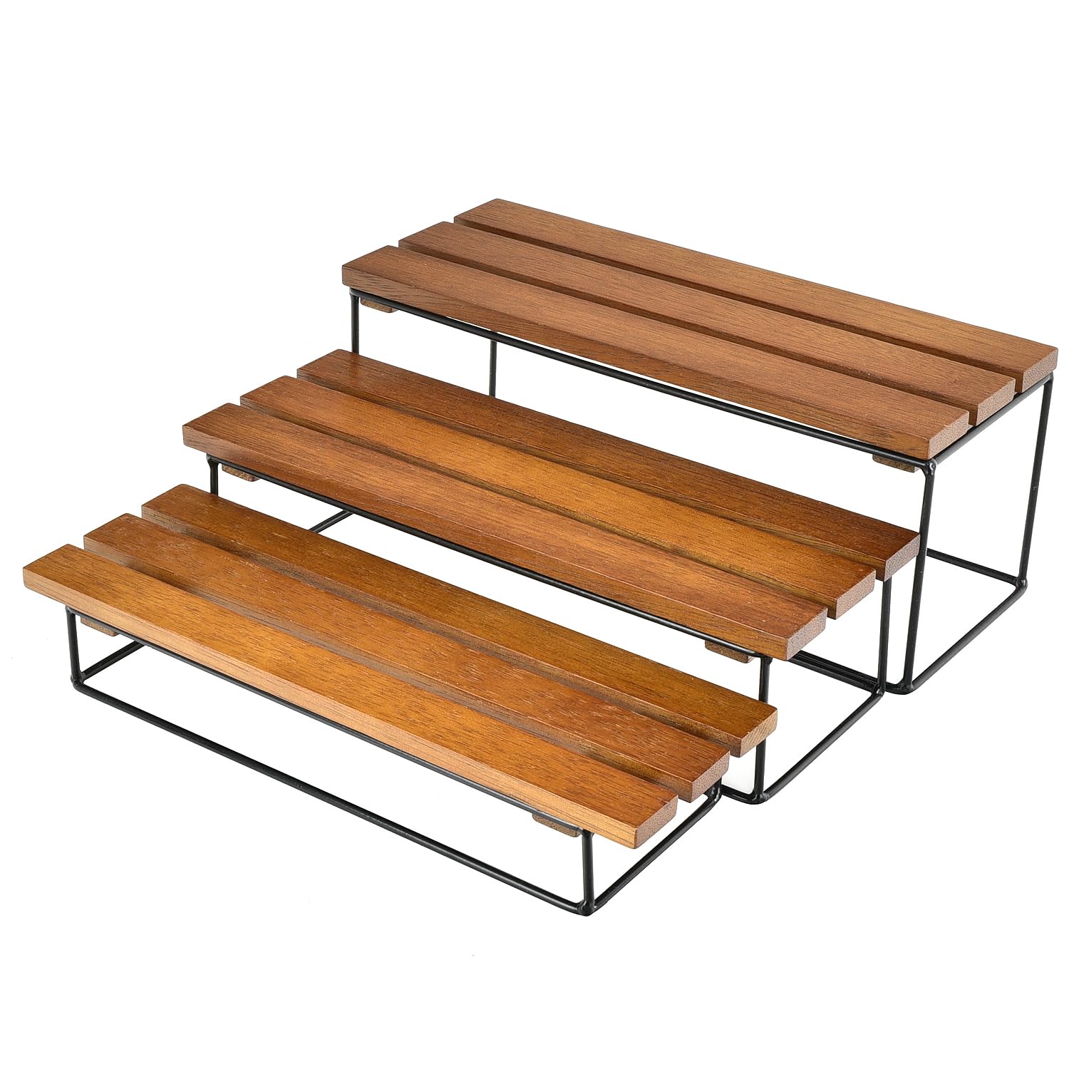 Hardware Haus Walnut Wood Wooden Cupcake Stand 3-Tier Wooden Display Stand with Black Metal Base, Rectangle Tower Display Stands for Vendor Events Walnut Wood (16" Set)