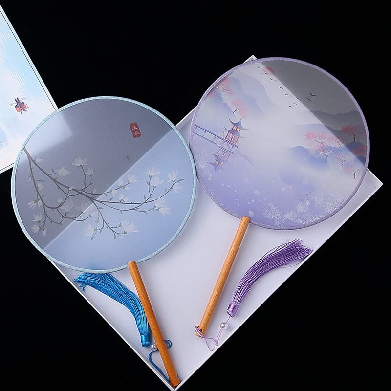 Folding Fan Chinese Style Printing Silk Dance Summer Classical Costume Palace Hanfu Women Tassel Small Round Fan (Color : 9)
