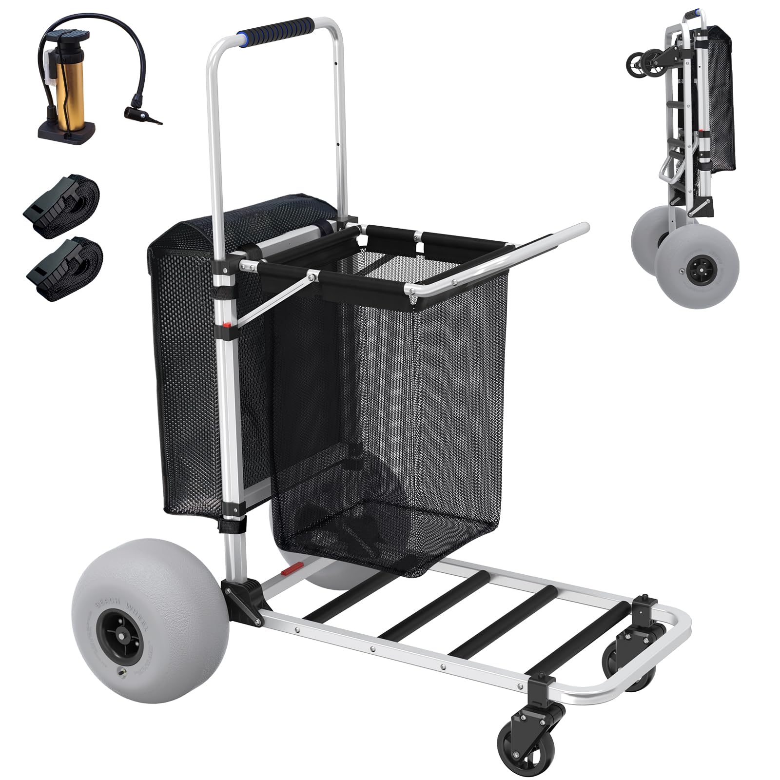 GDLF Beach Cart for All Types of Sand, Foldable Beach Cart with Adjustable Handle and 12" Balloon Wheels, Heavy Duty Aluminum Beach Wagon 220LBS Loading Capacity and Large Cargo Deck 29.5" x 16"