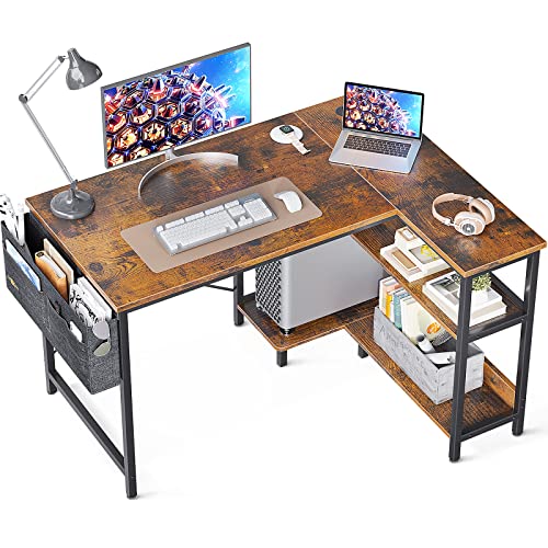 ODK Small L Shaped Computer Desk, 40 Inch Corner Desk with Reversible Storage Shelves & PC Stand for Home Office Workstation, Modern Simple Writing Study Table with Storage Bag, Vintage