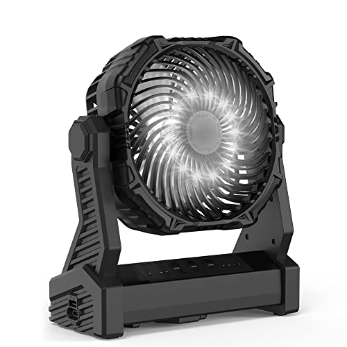 PANERGY Portable Camping Fan with LED Lantern, 10000mAh Rechargeable Battery Operated Outdoor Tent Fan with Light, 3 Speeds,7 inch Personal USB Desk Fan for Jobsite, Power Outage, Hurricane
