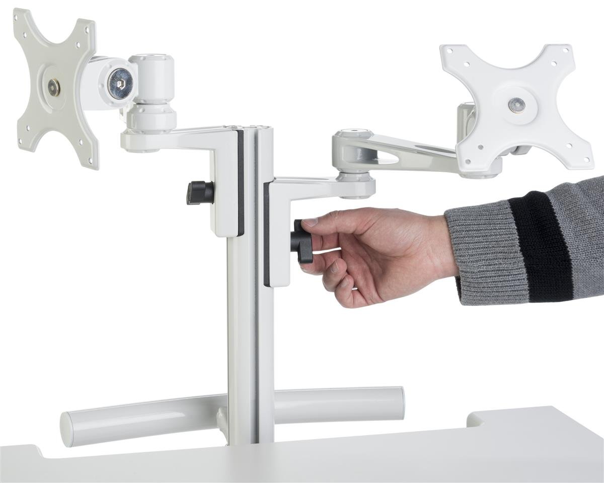 Displays2go Mobile Medical Cart with 2 Monitor Holders, Height Adjustable, Pullout Tray, Steel, Plastic, MDF – Gray (DWMDC2M)