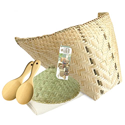 PANWA Thai Bamboo Satin Weave Sticky Rice Cooking Basket with 24’’ Round Reusable Cheesecloth and Wicker Lid and 2 Sticky Rice Paddle Wooden Spoons