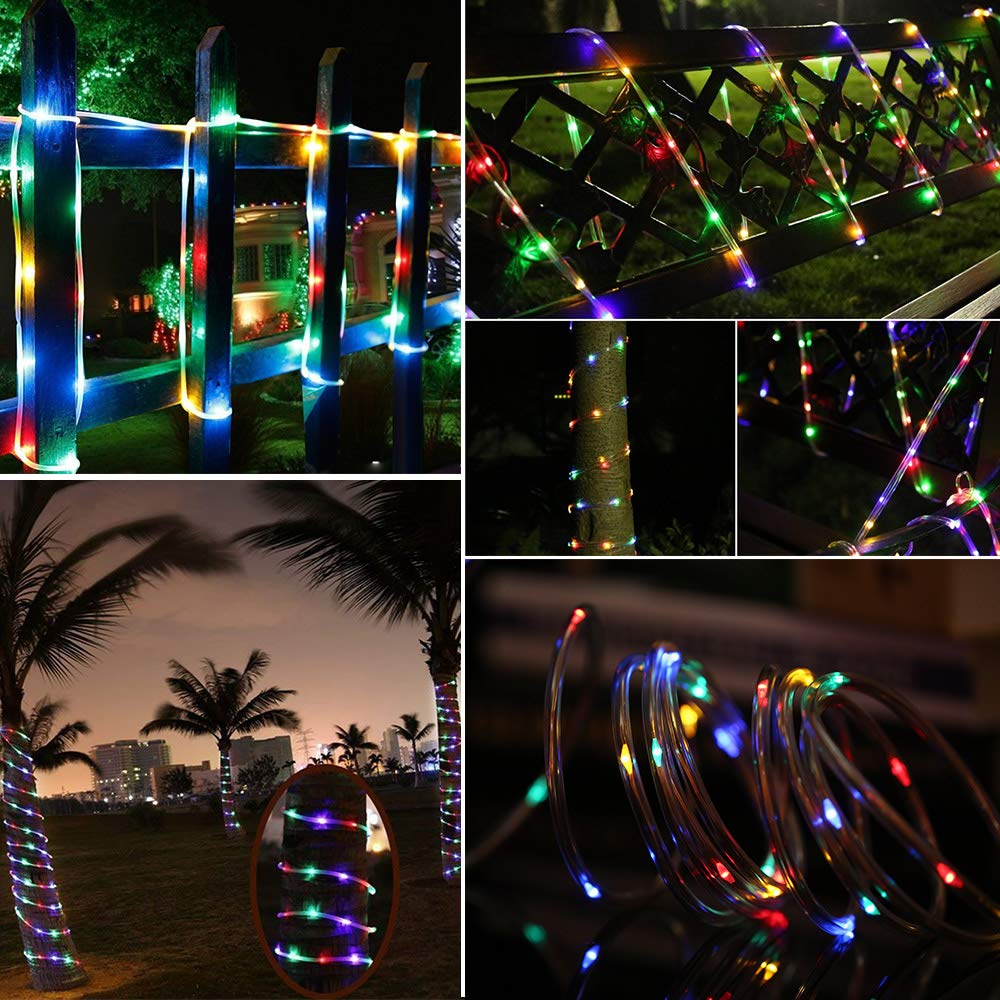 Decdeal Solar String Lights, 46ft 120 LED Rope Light 8 Modes Warm White Lights for Party Garden Home Festival Decoration