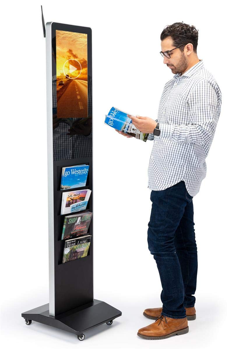 Displays2go 21.5" Screen Freestanding Digital Magazine Rack, 8.5" w, Android OS w/WiFi – Black (DG21FLR7)