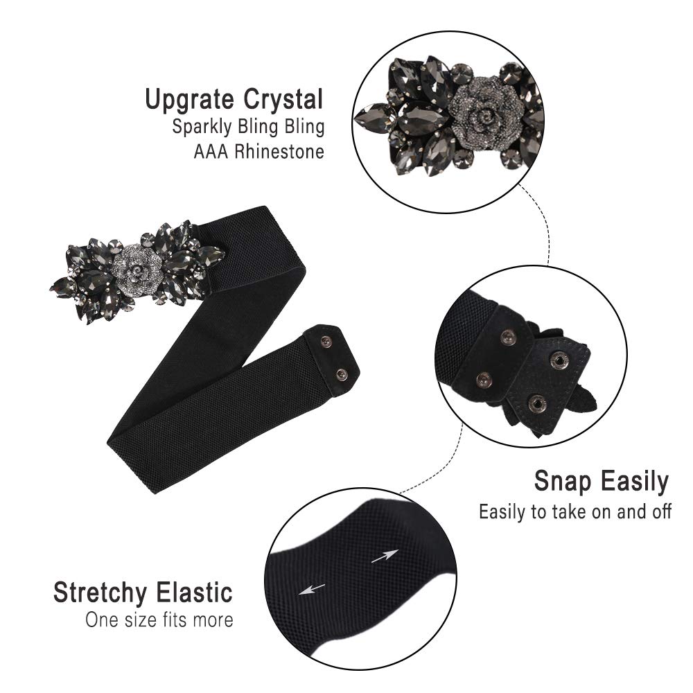 Dorchid Women Retro Belts Rhinestone Cummerbunds Floral Crystal Interlocking Waistband Stretch belt for Female (Black, S-M(26~31"))