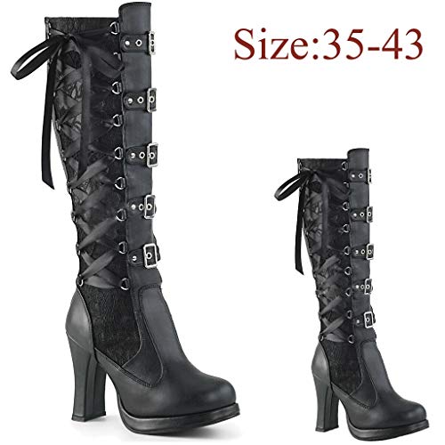 FASDNENDYS Womens Pointed Toe Knee High Boots Tied Shoes Cross Boots Kneeth Leather Women Lady High Heel Boots Black