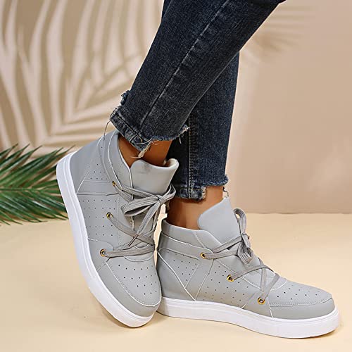 FASDNENDYS Ladies Fashion Solid Color Leather Surface Breathable High Top Lace Up Flat Casual Dotted Shoes Grey