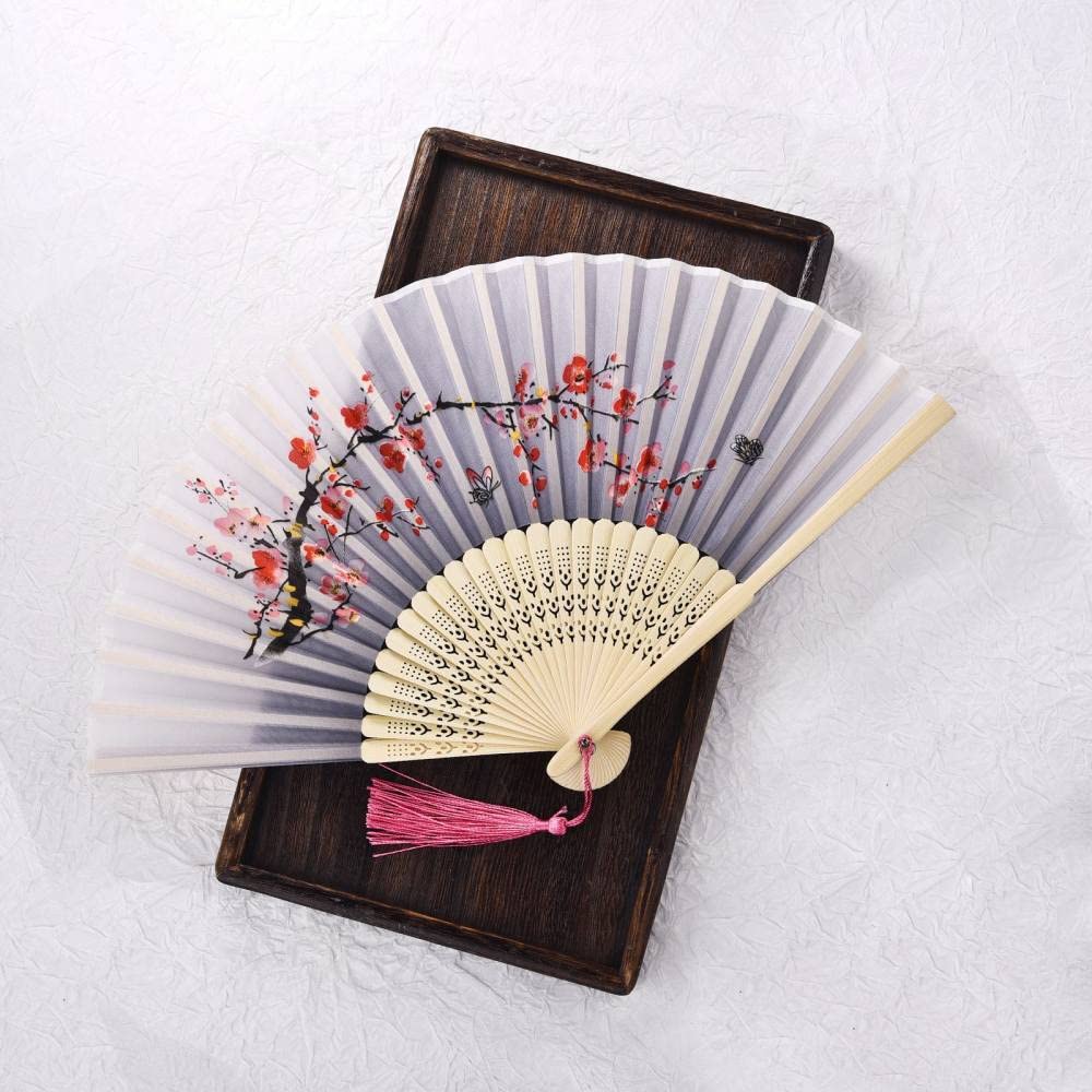 Folding Fan Handheld, Elegant Red Plum Handmade Hand Fan Foldable with Pink Tassel Aesthetic Japanese Chinese Fan Summer Portable Handheld Fan for Dance Party Wedding Gift
