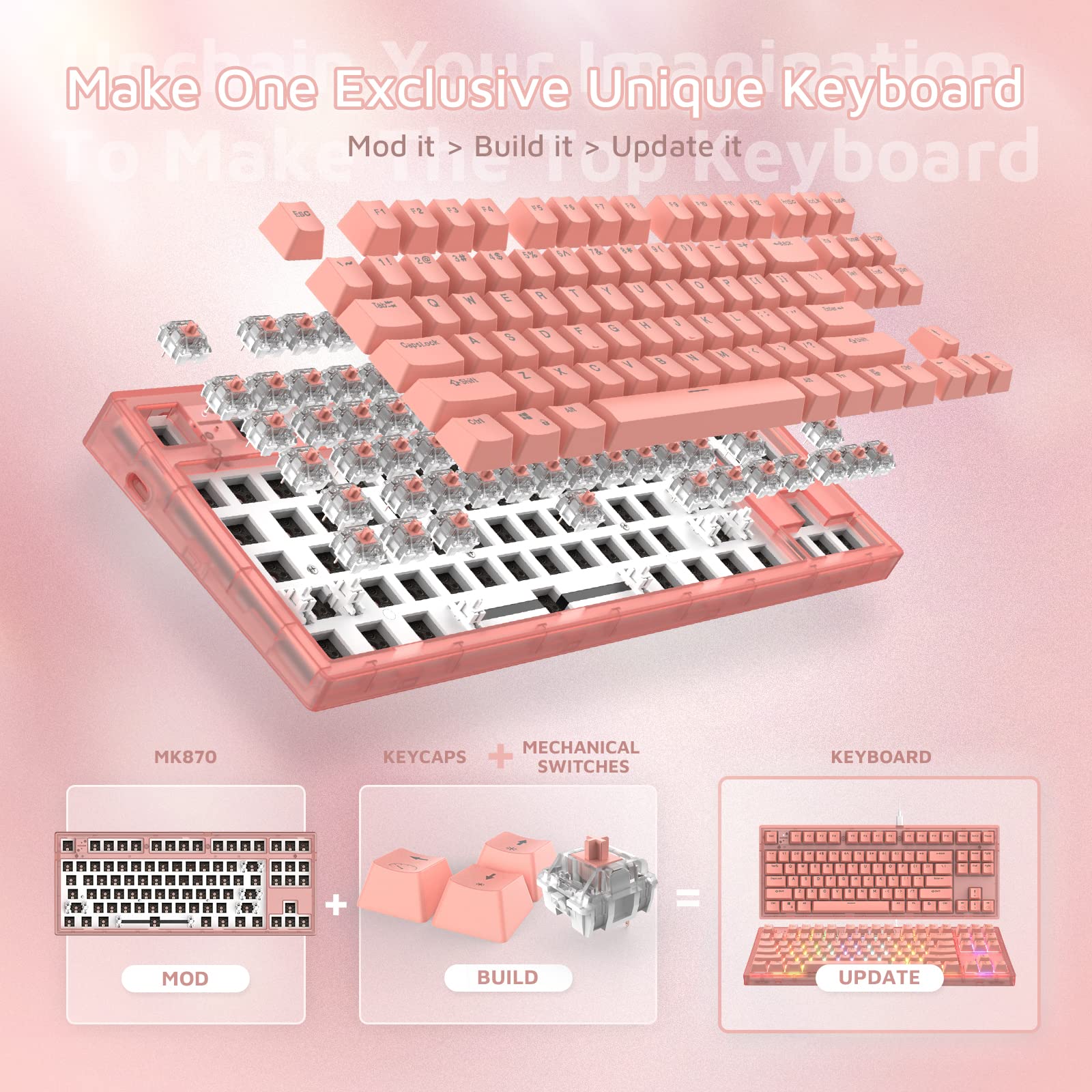 FL ESPORTS MK870 CMMK 87 Keys RGB Modular Mechanical Keyboard, 80% TKL Wired Gaming Keyboard DIY Kit w/Hot-Swap Switch Sockets (5-pin) & Customizable Software Supported (Barebones, Frosted Black)