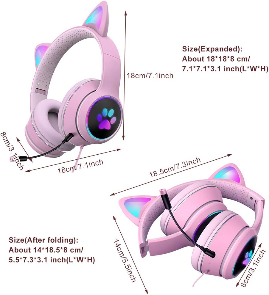EKDJKK Cat Ear Bluetooth Headphones Foldable Wireless LED Light Up Foldable Headphones HiFi 3.5MM Noise Reduction Headphones Computer Gaming Headset with Microphone and Volume Control