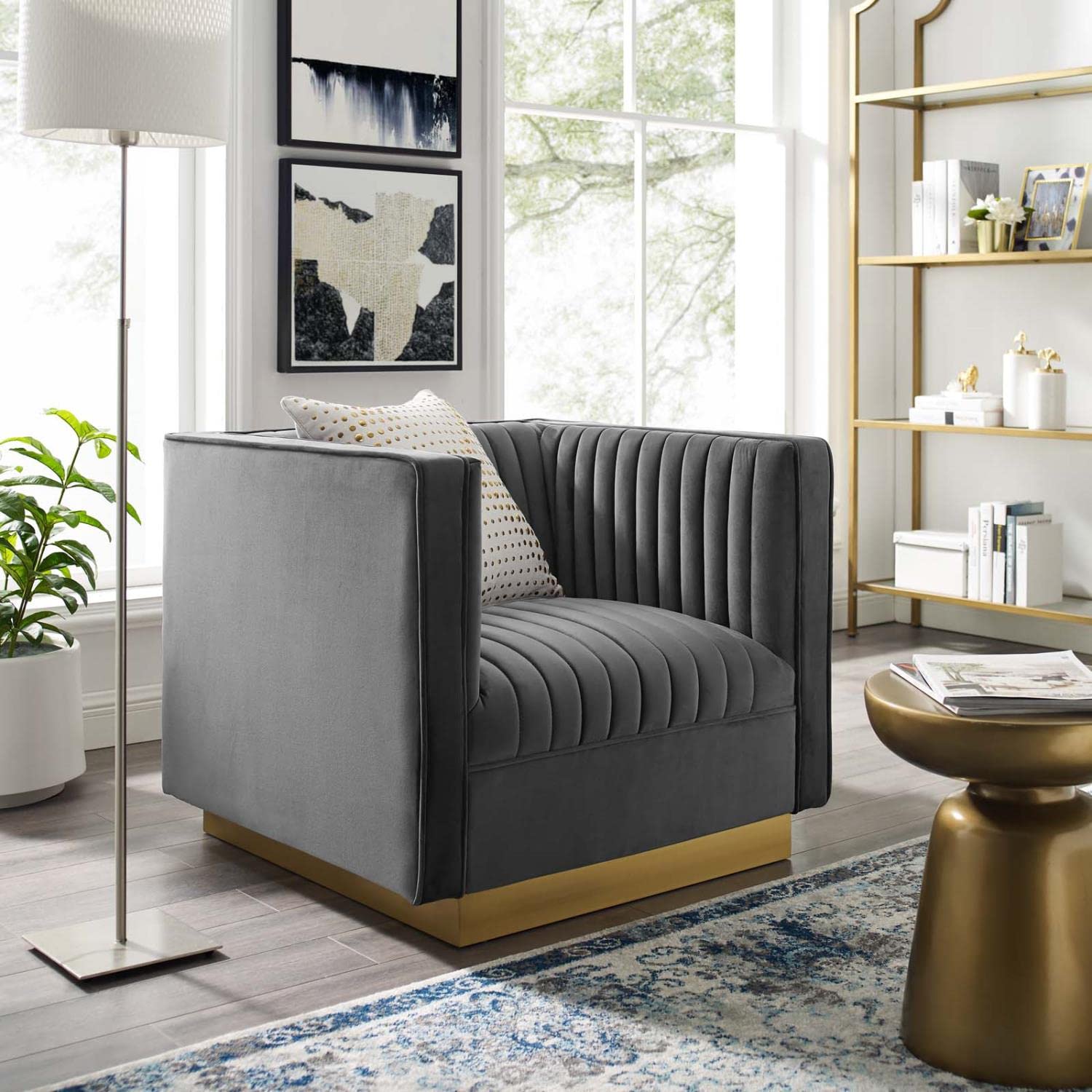 Modway Sanguine Vertical Channel Tufted Upholstered Performance Velvet Sofa and Armchair Set, Gray