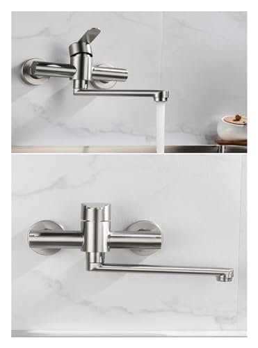 KMZSHPJNY Stainless Steel Kitchen Wall-Mounted Bathroom Bathtub Long spout Water Outlet 360-degree Rotating Sink Hanging Balcony Faucet, Brushed