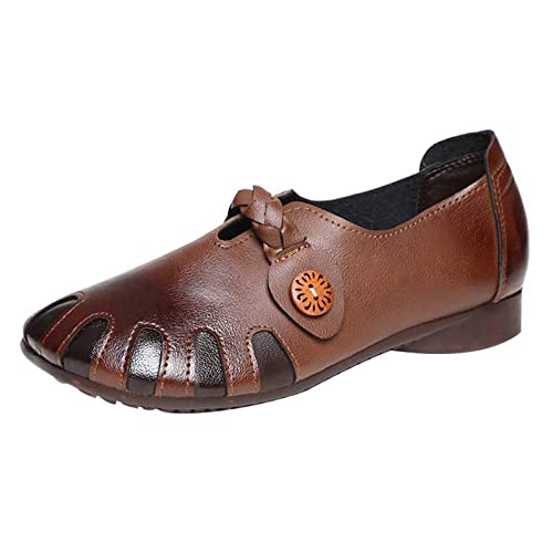 FASDNENDYS Women's Fashion Soft Leather Beef Tendon Soft Bottom Flat Heel Single Shoes Round Toe Four Mens Shoes Size 12 Brown