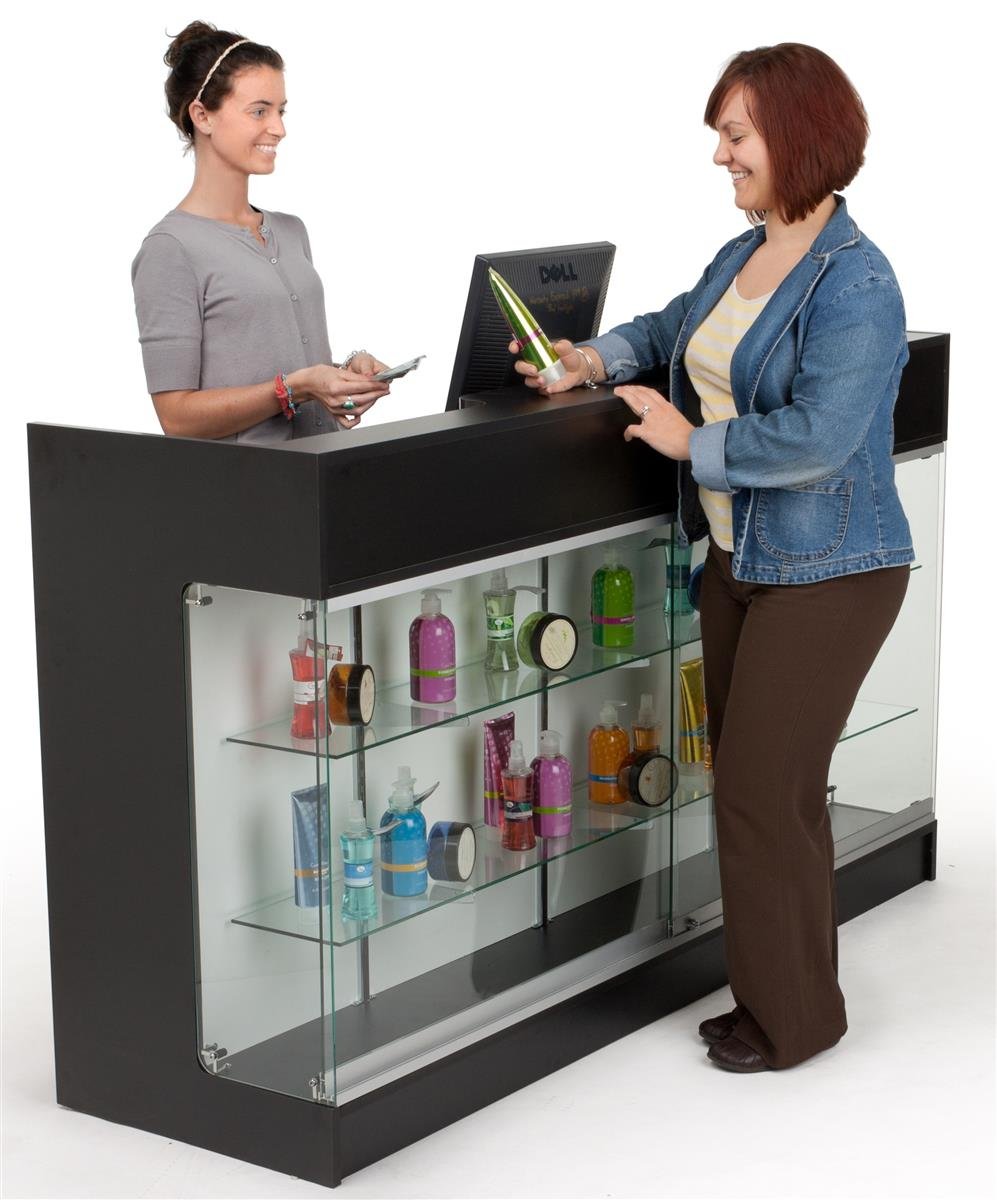 Displays2go 6ft Retail Sales Counter with Glass Shelves, Tempered Glass, Laminated Particle Board, Locking Drawers – Black (MRCLSC72BK)